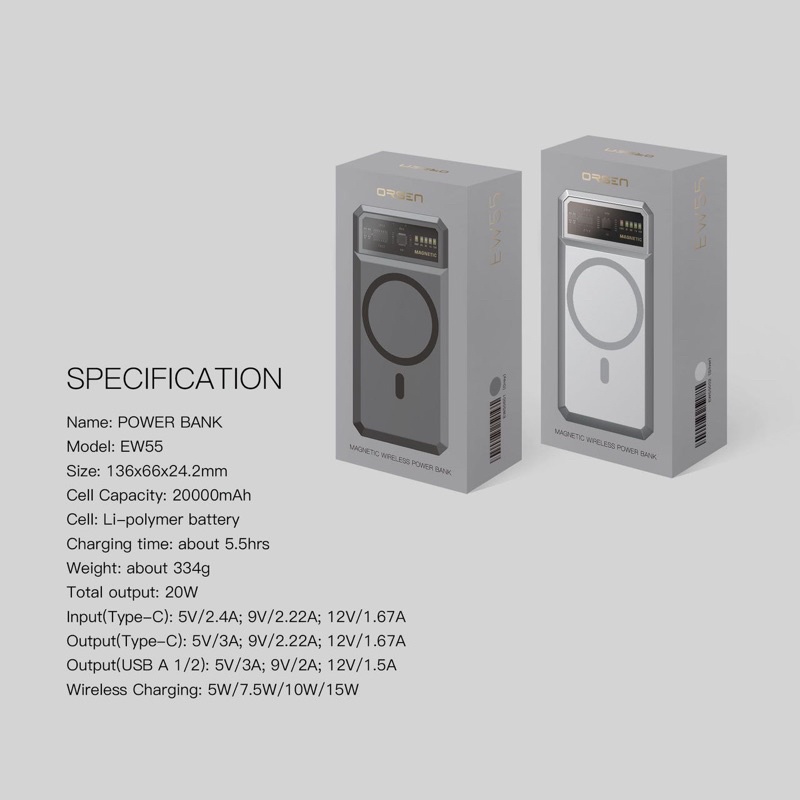 ของแท้ 100% Orsen EW55 eloop Magnetic Wireless Power Bank 20,000 mAh ...