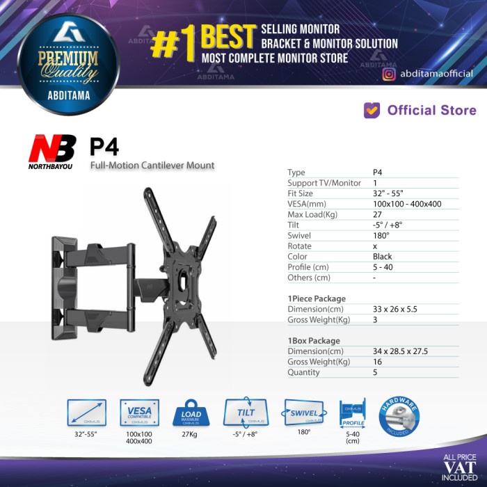 North Bayou Led Lcd Tv Monitor Bracket Nb P4 Nbp4 32"-55" หมุนเอียง ...