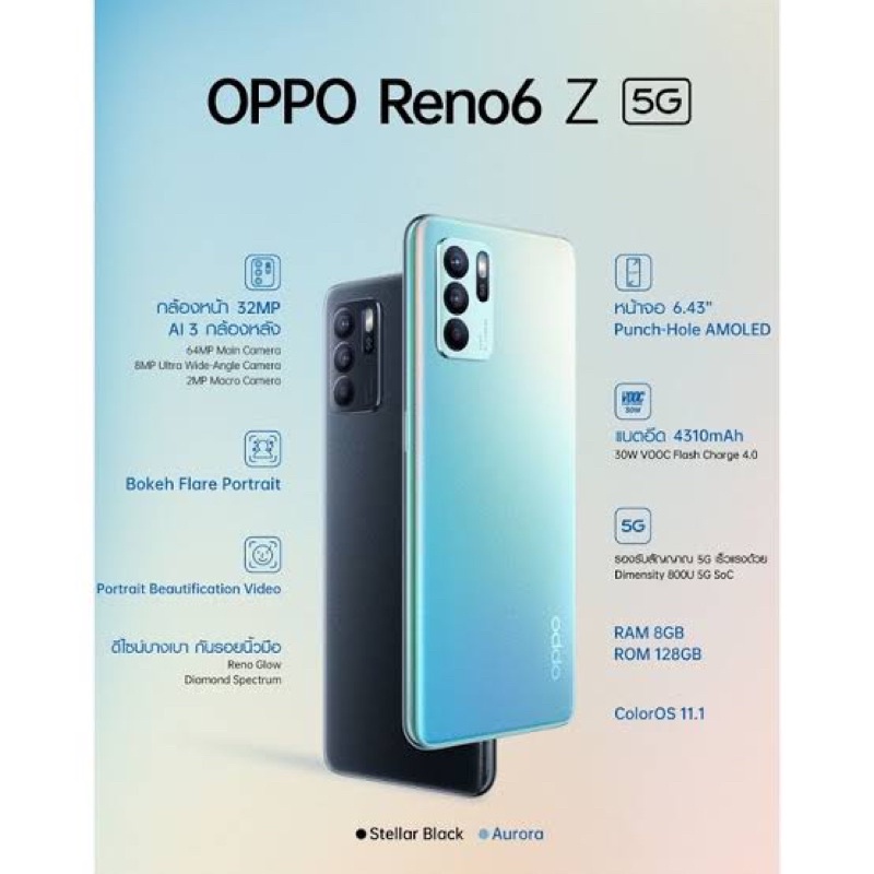 Oppo Reno 6Z 5G 8/128GB สีฟ้า/ดำ มือ 1 เครื่องใหม่ เครื่องแท้ศูนย์ไทย ...