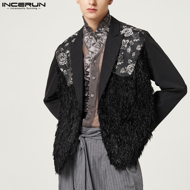 Incerun เสื้อเบลเซอร์ แขนยาว ปักลายดอกกุหลาบ ประดับพู่ สีดํา แฟชั่น ...