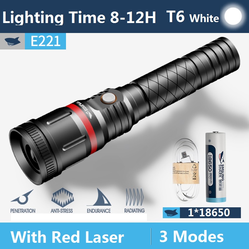 Smiling Shark E221 ไฟฉาย Led T6 ซูมได้ แบบพกพา กันน้ํา กันระเบิด 18650 ไฟฉายแบบชาร์จไฟได้ มีไฟ ...