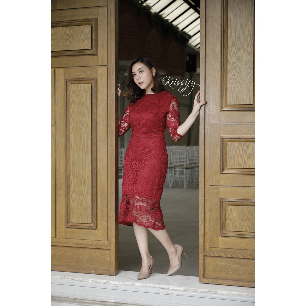 D18-008 : เดรสลูกไม้แขนสี่ส่วน ผ้าลูกไม้ลายดอกสวย (สินค้าSALEไม่รับ ...