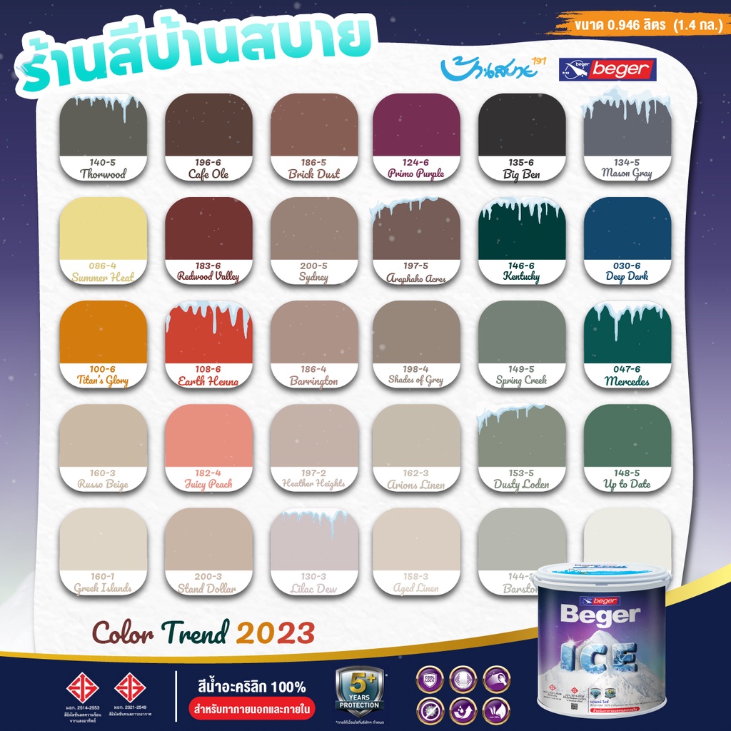 Beger เฉดสี 2023 กึ่งเงา ขนาด 1 ลิตร Beger ICE สีทาภายนอกและใน เช็ดล้าง ...