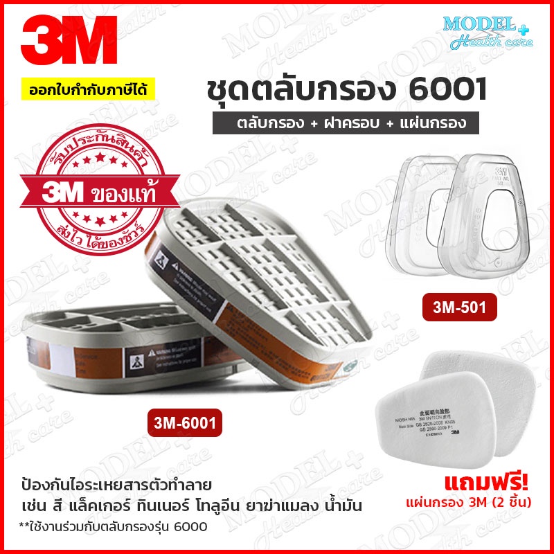 ชุดตลับกรอง 3M 6001 (ของแท้) ฝาครอบและแผ่นกรอง ตลับกรองป้องกันไอระเหยสารเคมี สี ทินเนอร์ ยาฆ่า ...