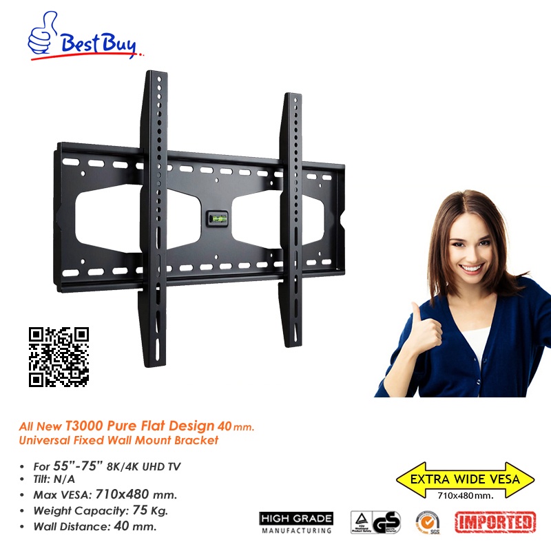 T3000 Pure Flat Design 40mm. ขาแขวนทีวี LED,LCD,Plasma TV 55"-75" Fixed ...
