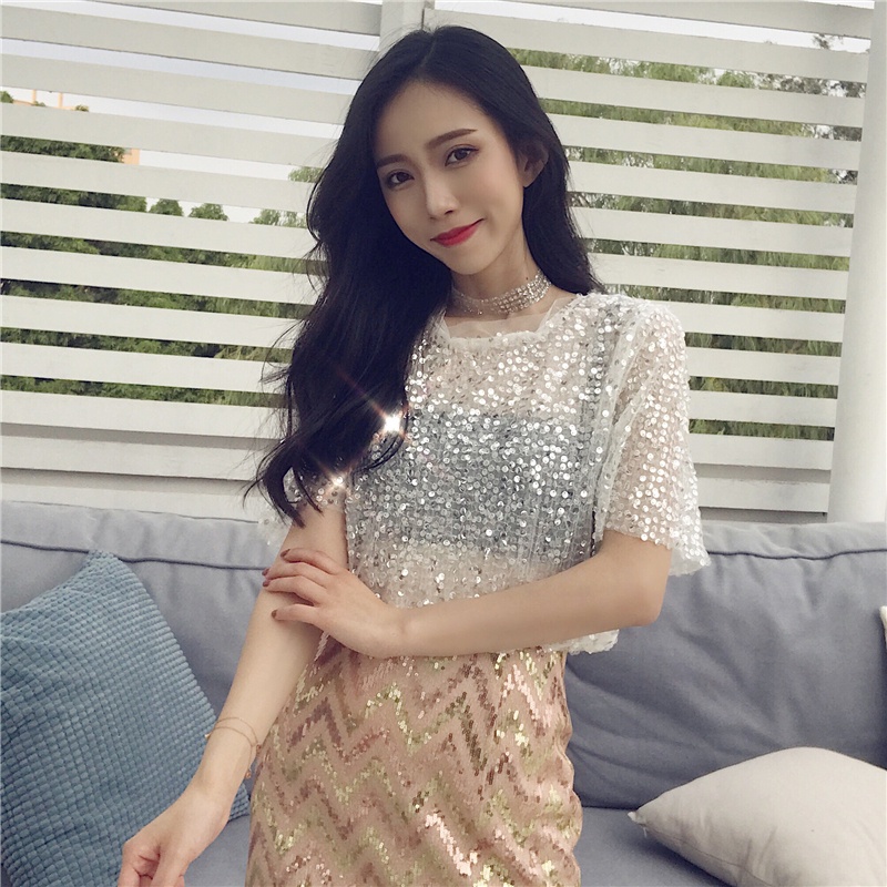 Glitz glamour เสื้อยืด ผ้าตาข่าย ปักเลื่อม ทรงหลวม สไตล์เกาหลี พลัสไซซ์ สําหรับผู้หญิง AIXIN ...