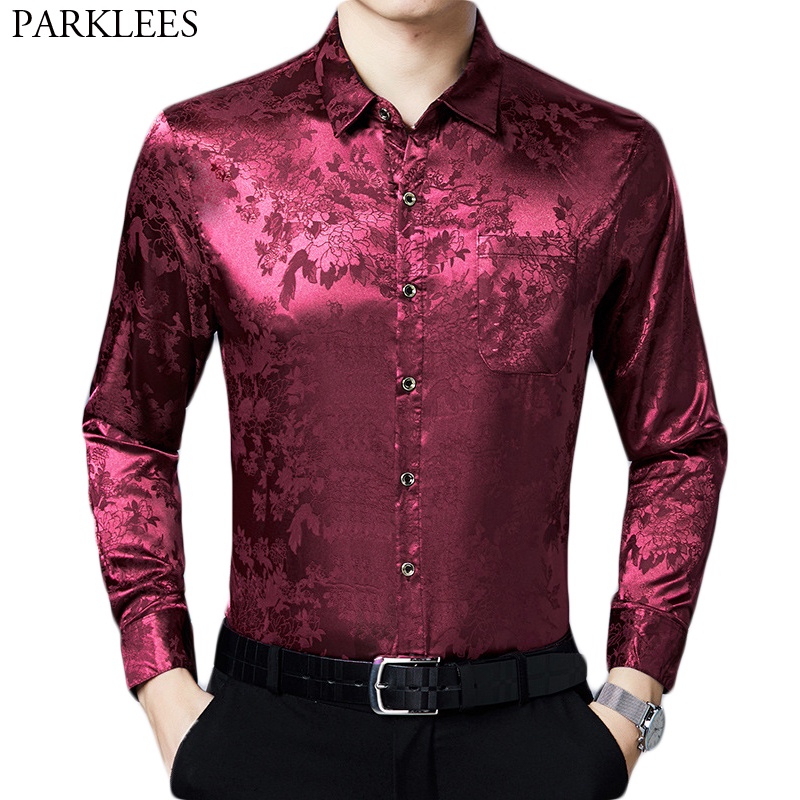 Wine Red Floral Silk Satin Shirt Men 2022 Stylish Flower Jacquard Mens ...
