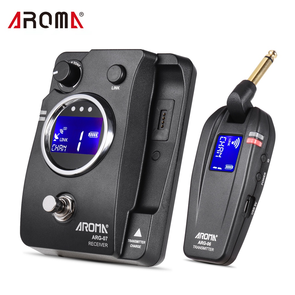 Aroma ARG-07 ตัวรับส่งสัญญาณกีตาร์ไร้สาย 6.35 มม. หน้าจอ LCD 4 ช่องทาง ...