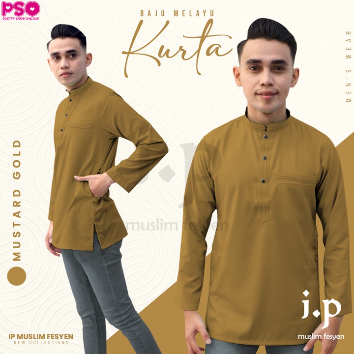 I.p MUSLIM Baju RAYA 2023 Baju Melayu Kurta Mustard Gold Slim Fit Lengan Panjang ผ้าฝ้าย (ขนาด ...