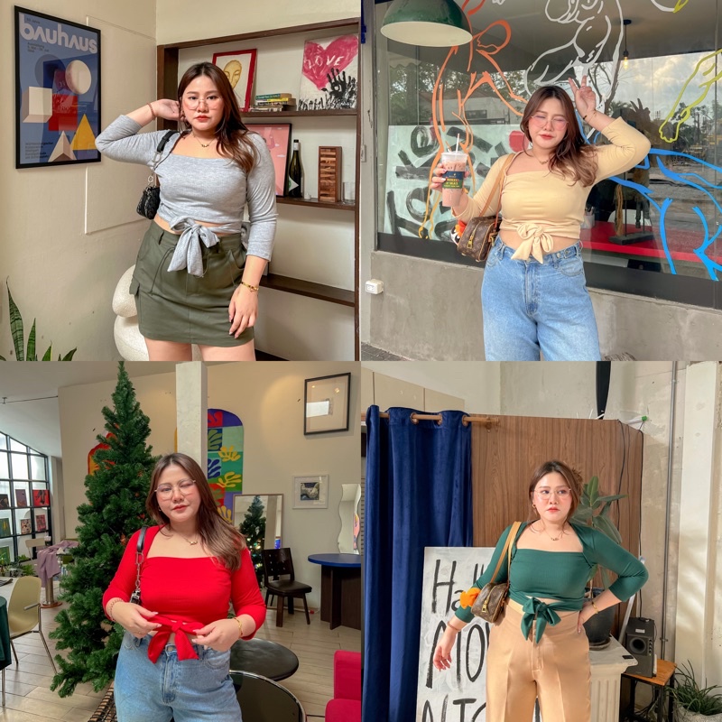 Hazel Top เสื้อคอเหลี่ยม ผูกเอว - merrychubbyhouse | Shopee Thailand