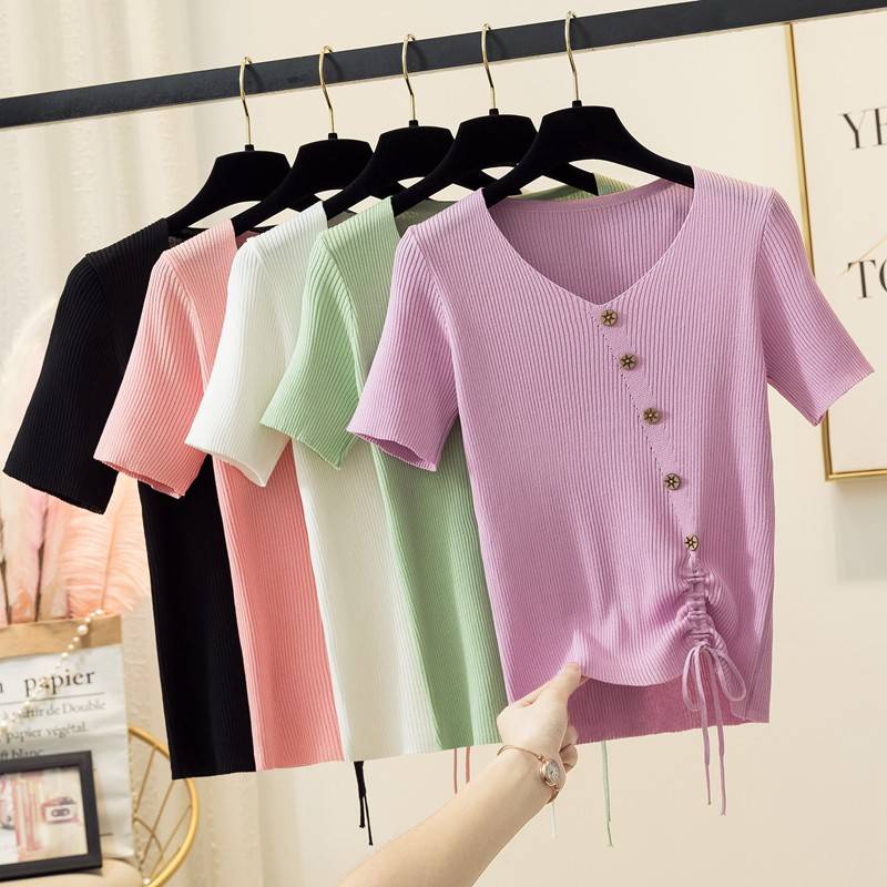 SHOP_MKL🌿เสื้อคอวีแขนสั้น เสื้อยืด แต่งกระดุมด้านหน้า ดูน่ารักมาก มีหลายสีสุด ๆ แถมเนื้อผ้านิ่ม ...