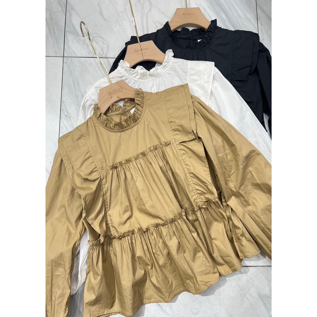 M685 เสื้อสไตล์สาวเกาหลีแขนยาวผ้าคอตตอน คอระบายสวย ดีเทลระบายทั้งตัว น่ ...