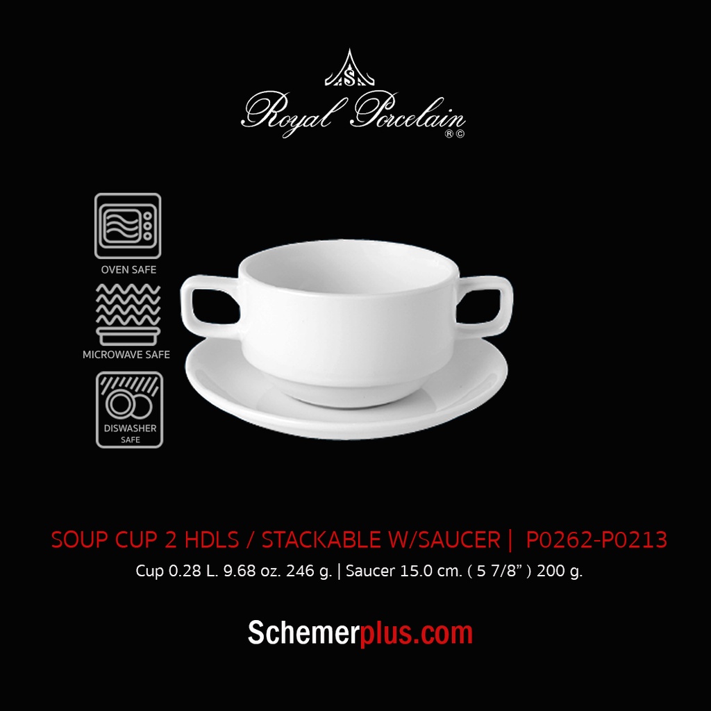 ถ้วยซุปมีหูจับ 2 ข้าง สีขาวพร้อมจานรอง P0262 (Soup cup 2 hdls) เนื้อพอร์ซเลน ขนาด 0.28 L ...