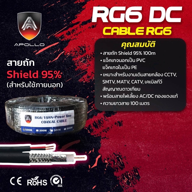 สายสัญญาณ RG6 DC CABLE RG6 Shield 95% สำหรับใช้ภายนอก 100เมตร ยี่ห้อ ...