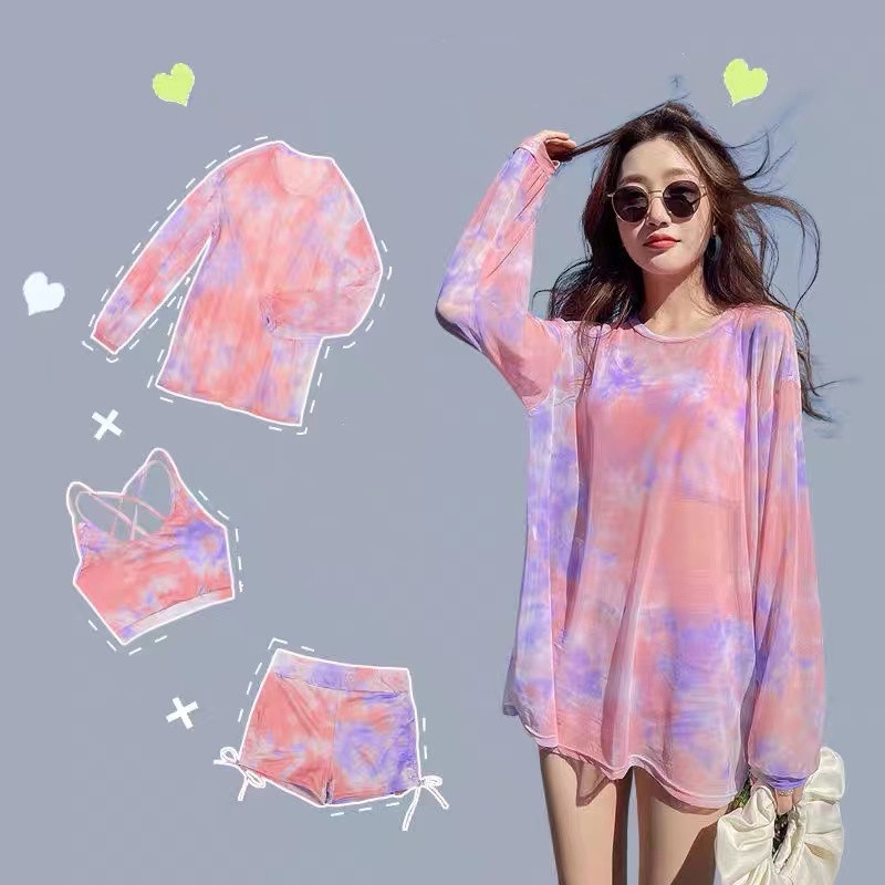 40-58kg ชุดว่ายน้ำบิกินี/bikini ยืดหยุ่นเป็นพิเศษ เซ็ท 3 ชิ้น เสื้อคลุมตัวนอก+สปร์ตบรา+กางเกงขา ...