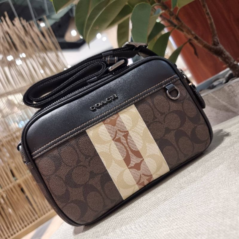 COACH GRAHAM CROSSBODY IN BLOCKED SIGNATURE CANVAS WITH VARSITY STRIPE ...