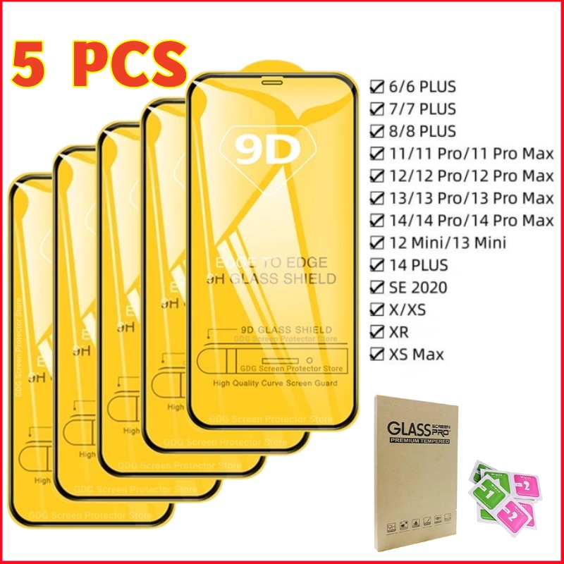 5PCS 9D ฟิล์มกันรอย for Iphone 11 14 13 12 Pro Max 7 8 7plus 8plus XR X Xs Max SE 12 13 Mini ...