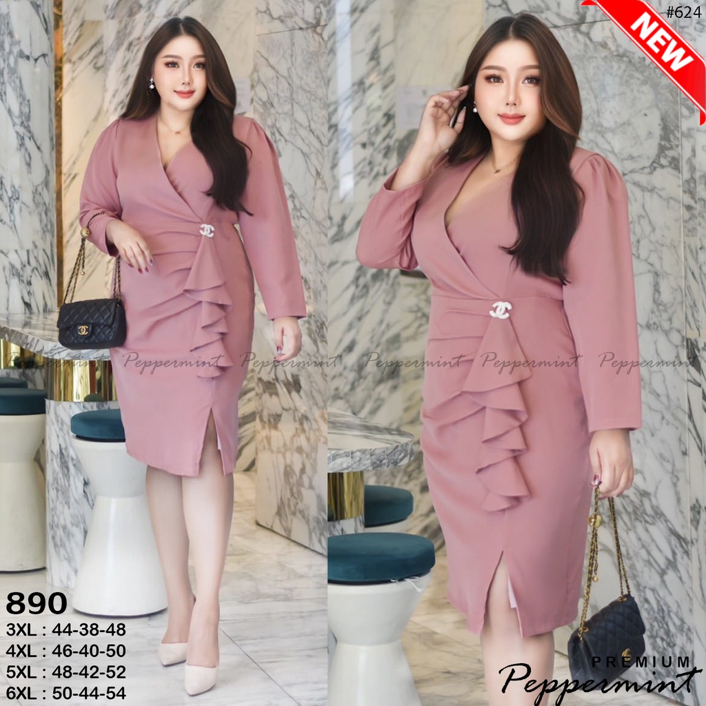 งานพรีเมียม นำเข้า เดรสออกงาน คุณนายไฮโซ แถมเข็มกลัด มีไซส์อก40-50" Peppermint PlusSize (624 B ...