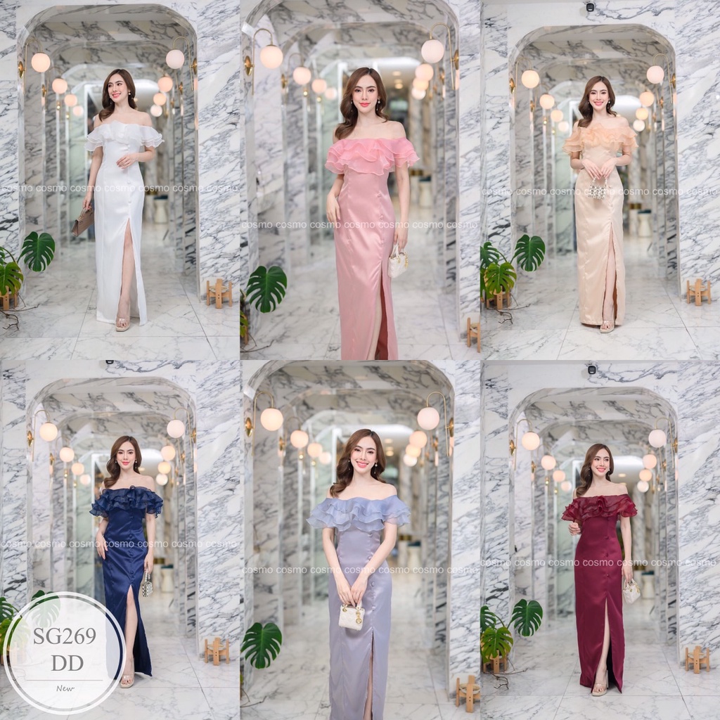 SG269 ชุดเดรสยาวออกงาน เดรสเกาะอก แต่ระบายผ้าแก้ว ใส่ได้ทั้งเปิดไหล่ ปิดไหล่ กระโปรงผ่าหน้า สวย ...