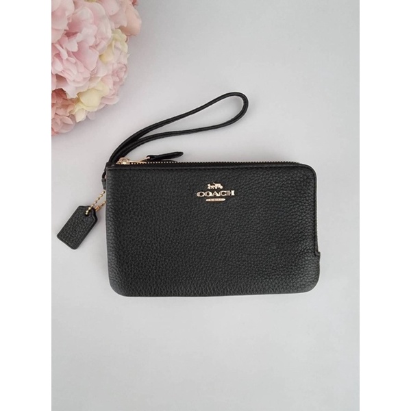 กระเป๋าคล้องมือ Coach Double Corner Zip Wristlet 6649 หนังแท้ สีดำ 2 ...