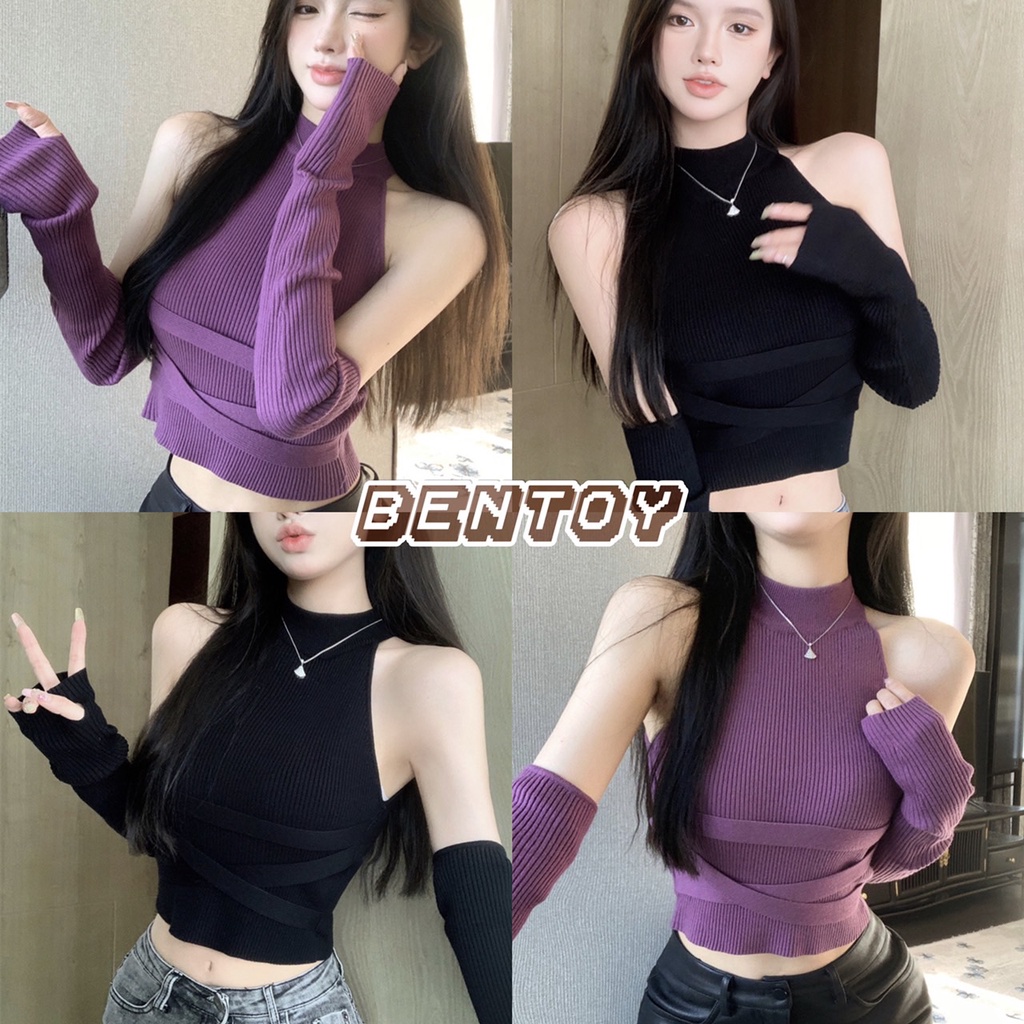 Bentoy(47201)เสื้อไหมพรมปาดไหล่ แถมปลอกแขนน่ารัก | Shopee Thailand
