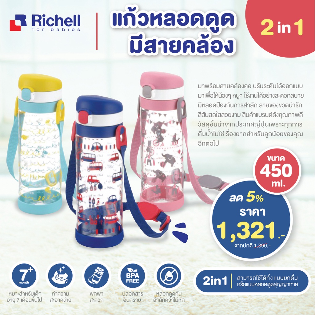 RICHELL แก้วหลอดดูดมีสายคล้อง2in1 ขนาด 450 ml AQ step Up Bottle Mug set R 450 | Shopee Thailand