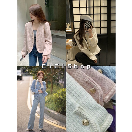 Cicishop(Z5006)เสื้อแขนยาวผ้าทวิต แต่งกระดุมทอง ดีเทลชายไหมพรมถักลาย ...
