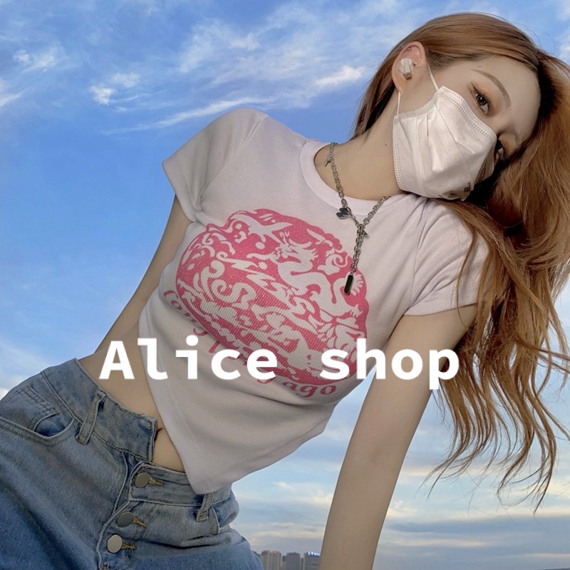 Alice แฟชั่นสไตล์เกาหลี y2k เสื้อยืดแขนสั้นสั้นด้านบนผู้หญิง 2022 ล่าสุดสบาย ๆ Korean Style สวย ...