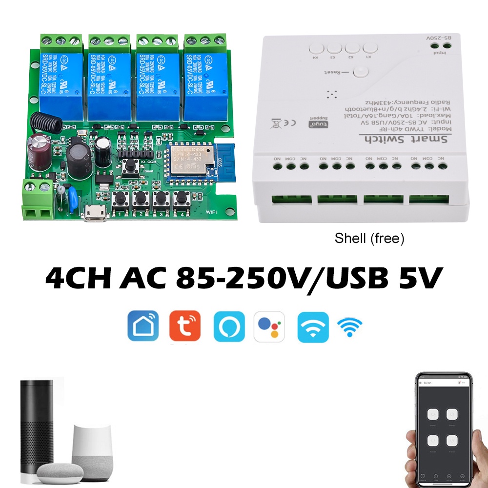 Wireless Wifi Motor Switch Module Micro USB5V AC85V-250V 4CH RF 433Wifi ...