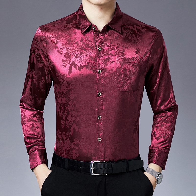 Wine Red Floral Silk Satin Shirt Men 2022 Stylish Flower Jacquard Mens ...