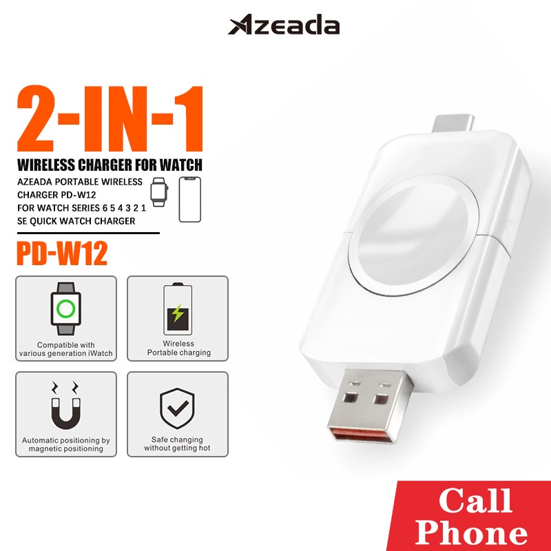 แท่นชาร์จนาฬิกา ไร้สาย Azeada USB/Type-C สำหรับชาร์จ สมาร์ทวอช 2in1 รุ่น PD-W12 Wireless Charger ...