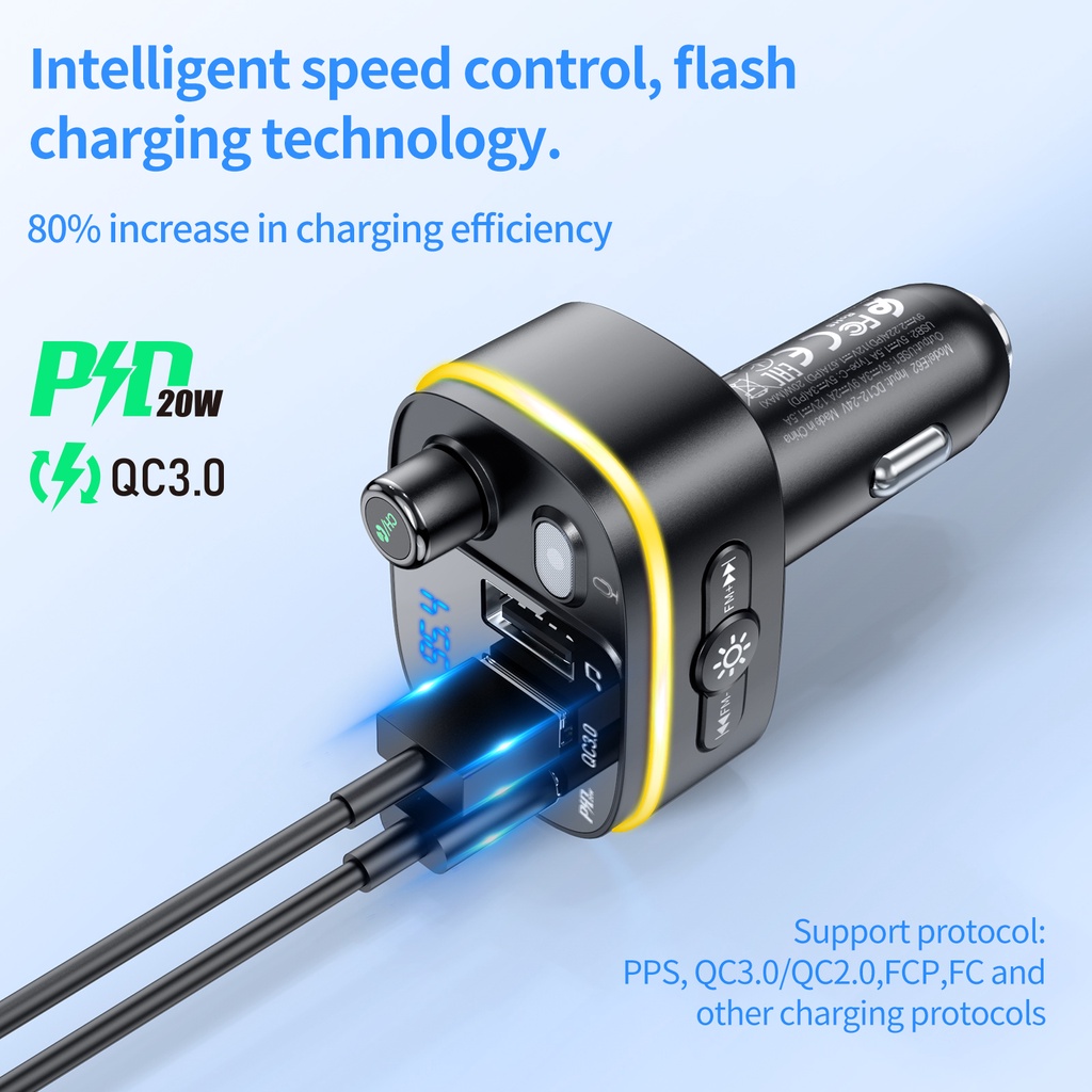 HOCO E62 หัวชาร์จในรถยนต์ / บลูทูธรถยนต์ มีไมค์ในตัว ชาร์จเร็ว รองรับ PD 20W, QC 3.0, AFC, FCP ...