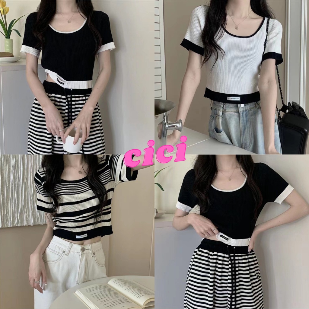 cici(NO.995)เสื้อครอปไหมพรมแขนสั้นทอร่องเล็ก ทูโทนคอกว้าง ลุคชิลๆแต่แอบแซ่บ | Shopee Thailand