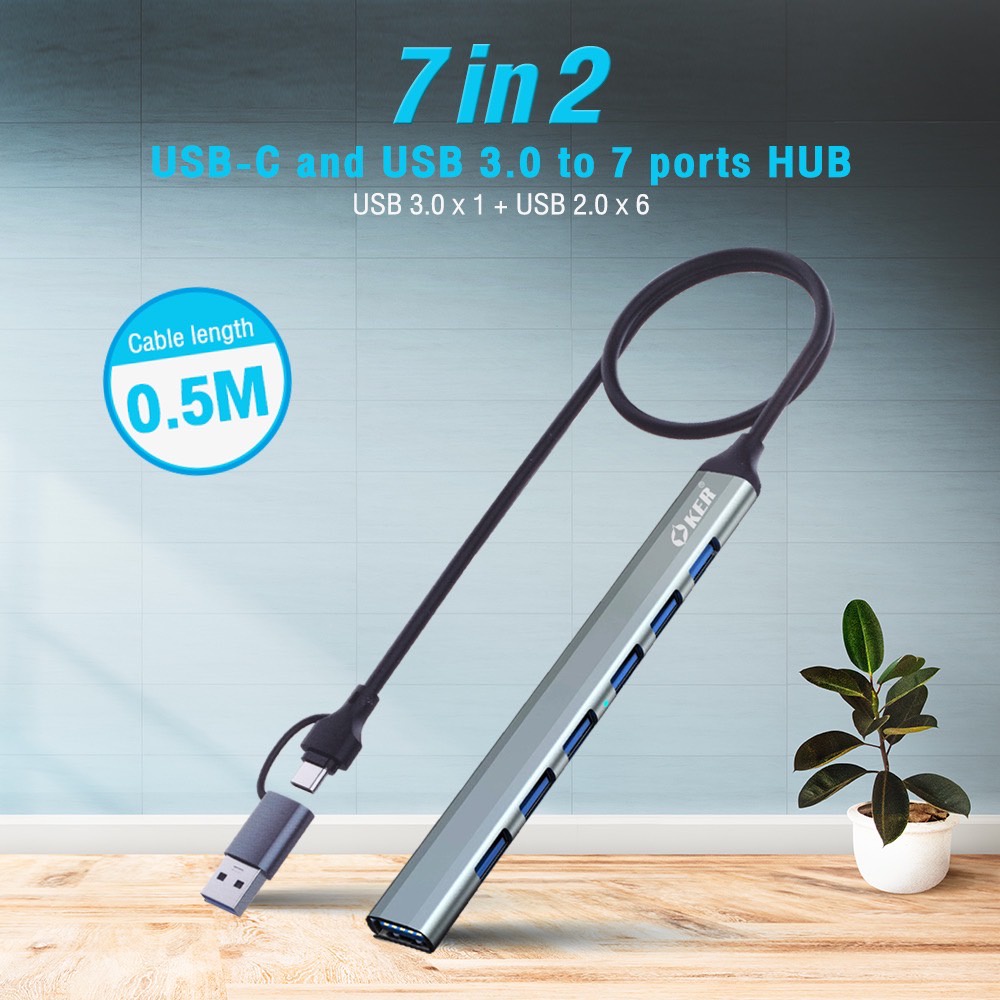 OKER H-348 7in 2 USB-C and USB 3.0 to 7 Port HUB | Shopee Thailand