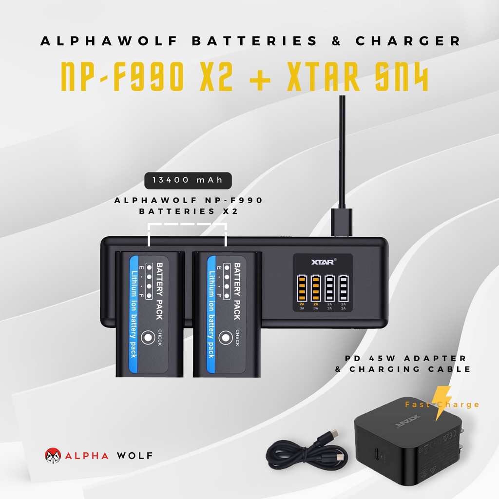 ชุดแบตเตอรี่พร้อมแท่นชาร์จไว ALPHAWOLF NP-F990 Battery 2 ก้อน & XTAR SN4 Fast Charger รับประกัน ...