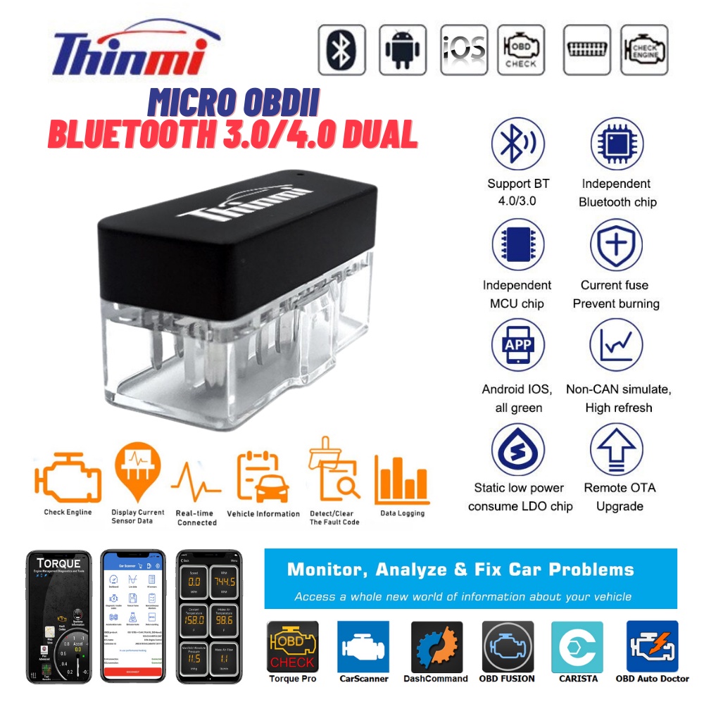[New!!] Thinmi Micro OBD2 Bluetooth 3.0/4.0 (Dual Mode) Support iOS / Android Auto Diagnostic ...