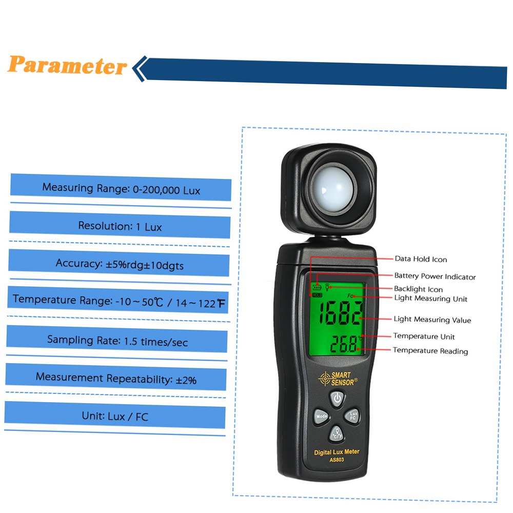 SMART SENSOR AS803 Mini Digital Lux Meter 0-200000 Lux | Shopee Thailand