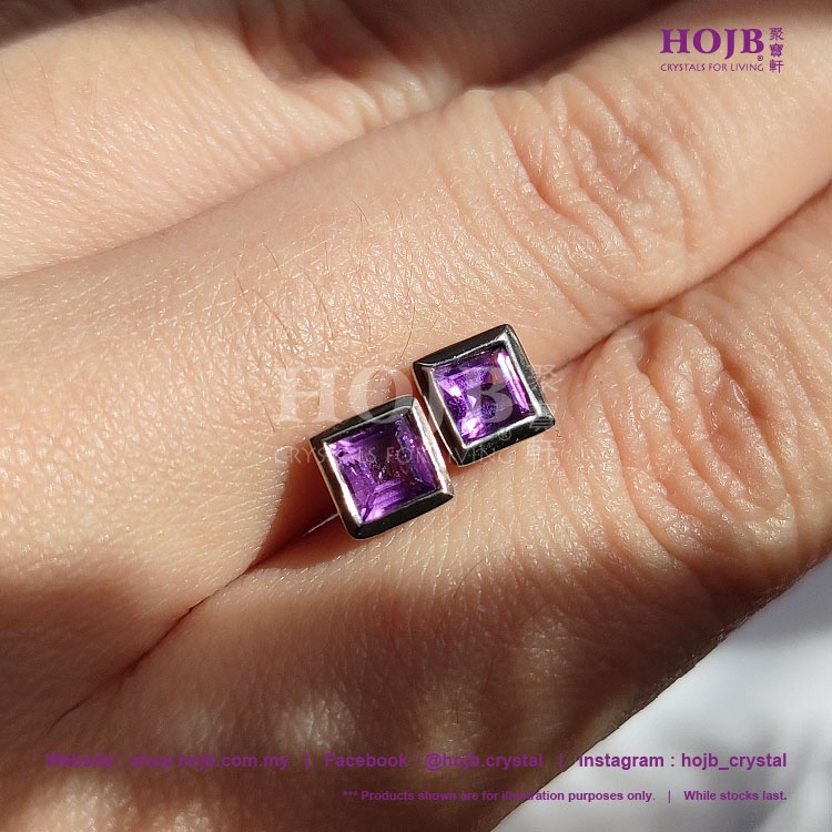 Hojb Natural Amethyst 5A Square Shape S925 ต่างหูเงิน 4 มม.สายเป่าธรรมชาติคริสตัล 5A正สแควร์รูป ...