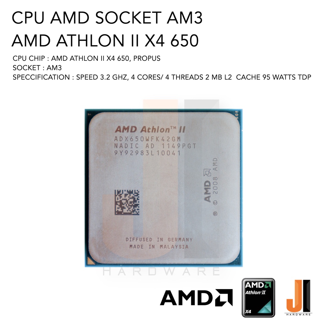 CPU AMD Athlon II X4 650 4 Cores/ 4 Threads 3.2 Ghz 95 Watts TDP No Fan ...