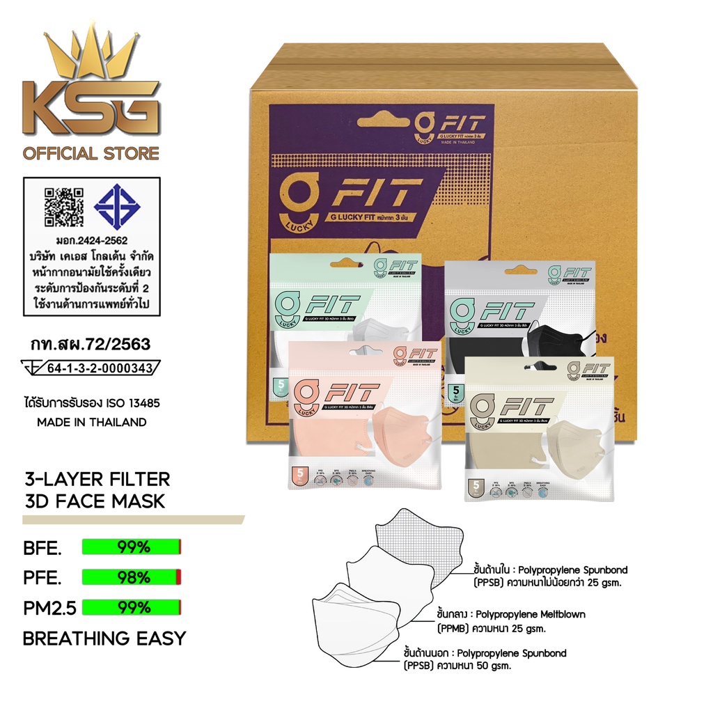 [KSG Official] G LUCKY FIT หน้ากากอนามัย ทรง 3 มิติ หนา 3 ชั้น 3-Layer (ยกลัง บรรจุ 120 ซอง ...