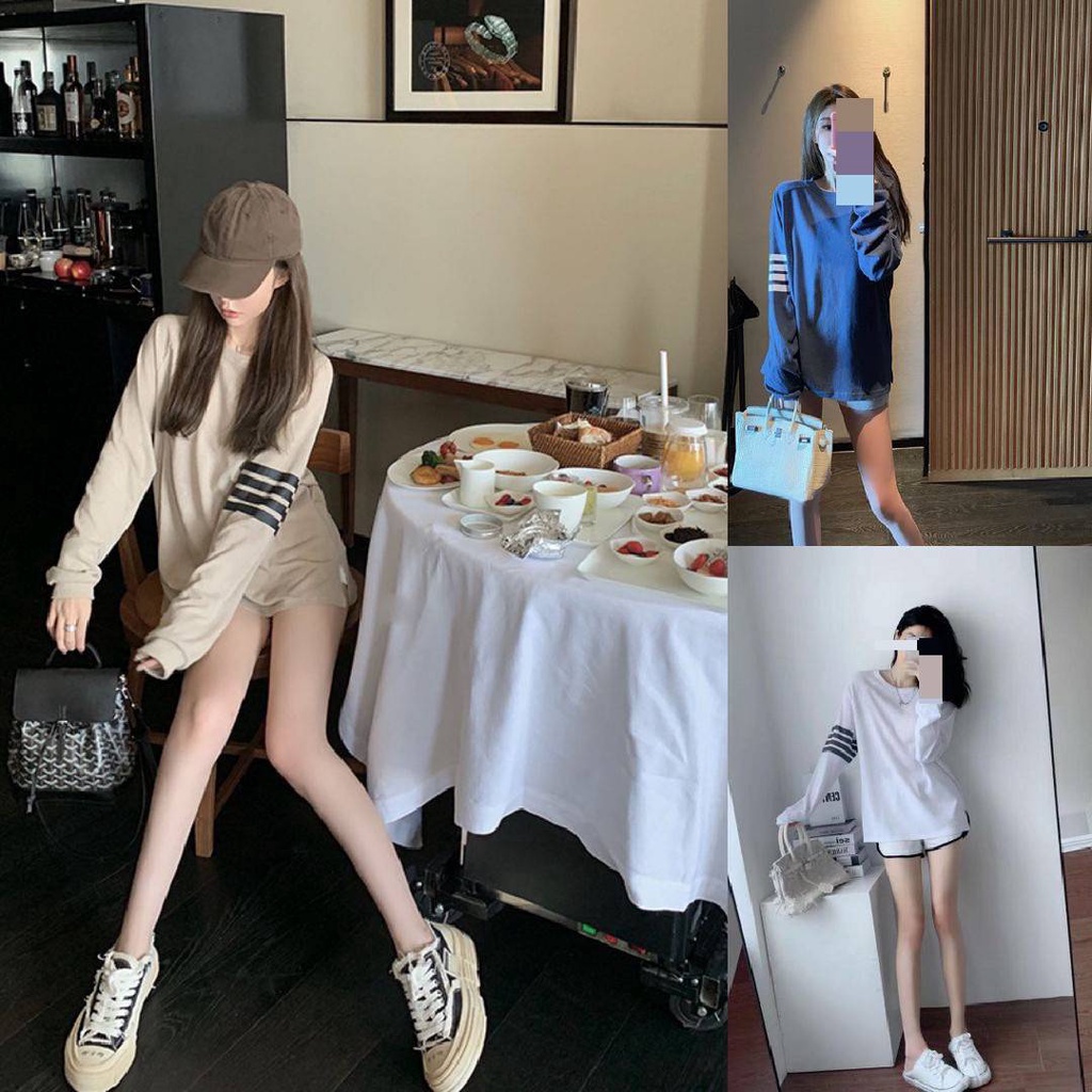 ⚡MOON⚡ เสื้อแขนยาวผู้หญิง คอกลม ผ้านิ่มยืด ใส่สบาย คาดลายเส้นที่แขนเท่ๆ #J11 | Shopee Thailand