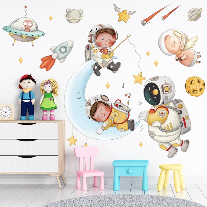 สติ๊กเกอร์ลายนักบินอวกาศ จรวด เด็ก space สติกเกอร์แต่งผนัง wallpaper ...