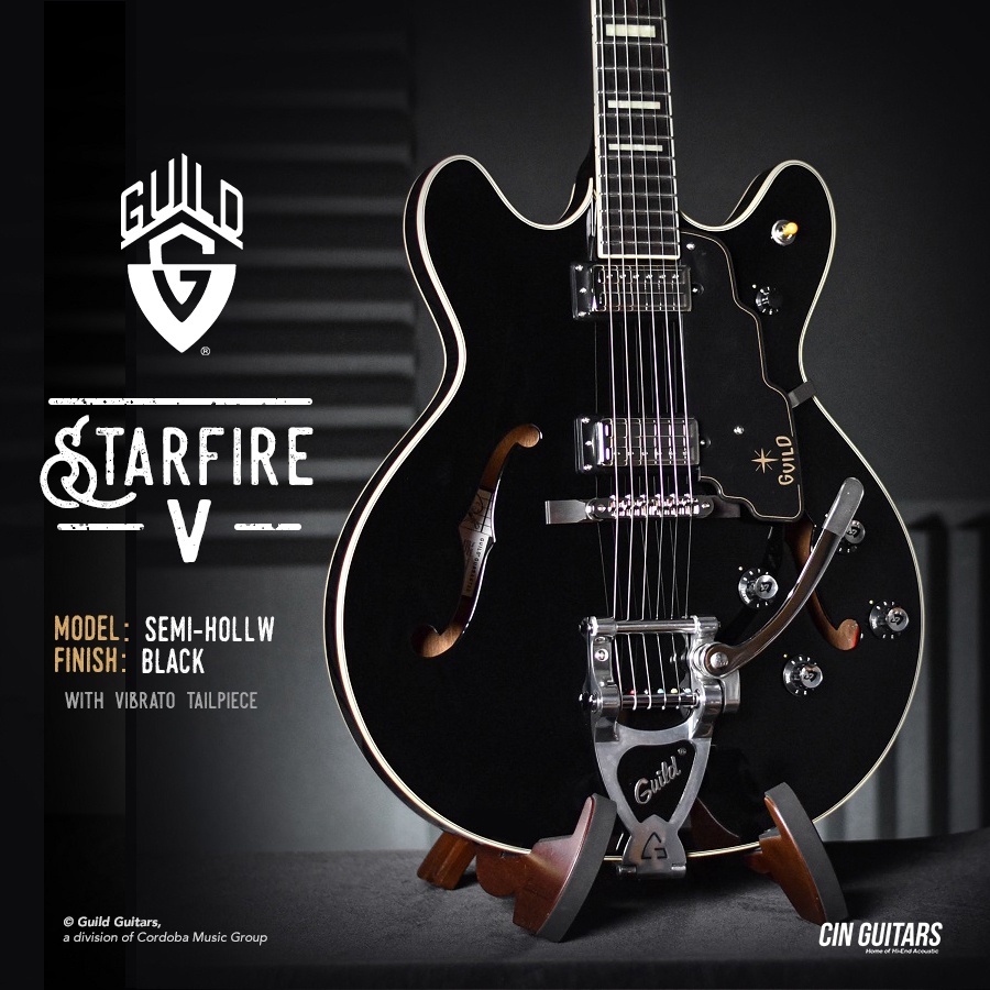 Guild Starfire V Black กีตาร์ไฟฟ้า Semi-Hollow (Mahogany Body with ...
