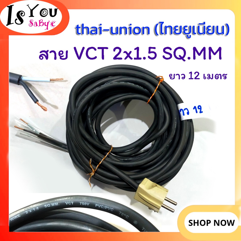 สายไฟ พร้อมเข้าหัวปลั๊ก สาย VCT 2x1.5 SQ.MM ยาว 12 เมตร THAI-UNION (ไทยยูเนี่ยน) มือสอง | Shopee ...