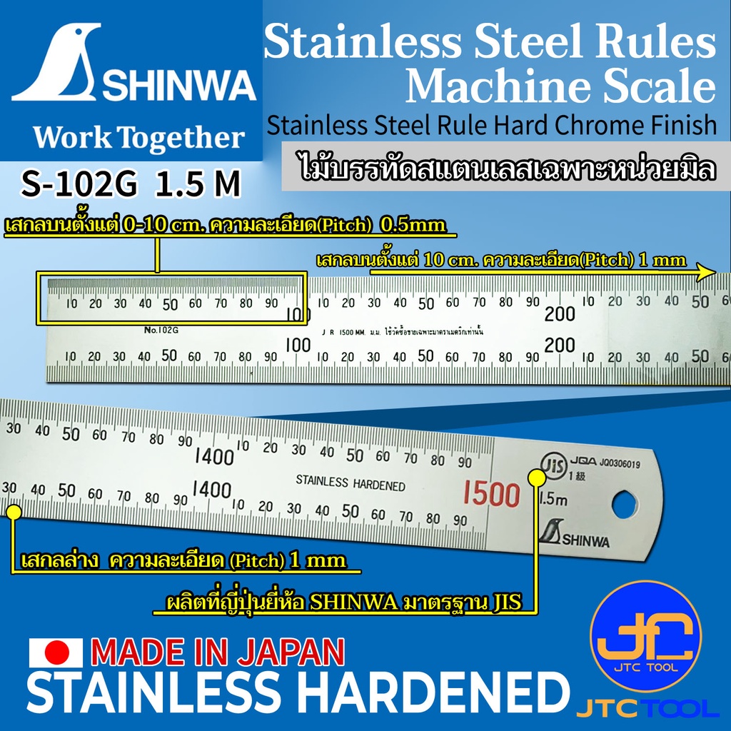 Shinwa ไม้บรรทัดสแตนเลสเฉพาะหน่วยมิล รุ่น S- Stainless Steel Rule JIS ...
