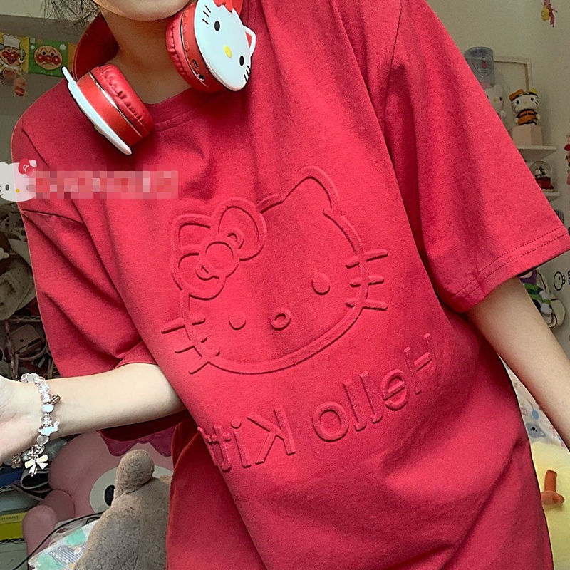 Hello Kitty Japanese Ins เสื้อยืดแขนสั้นน่ารักด้านบนฤดูร้อนหลวมรอบคอ Hello Kitty Bottoming เสื้อ ...