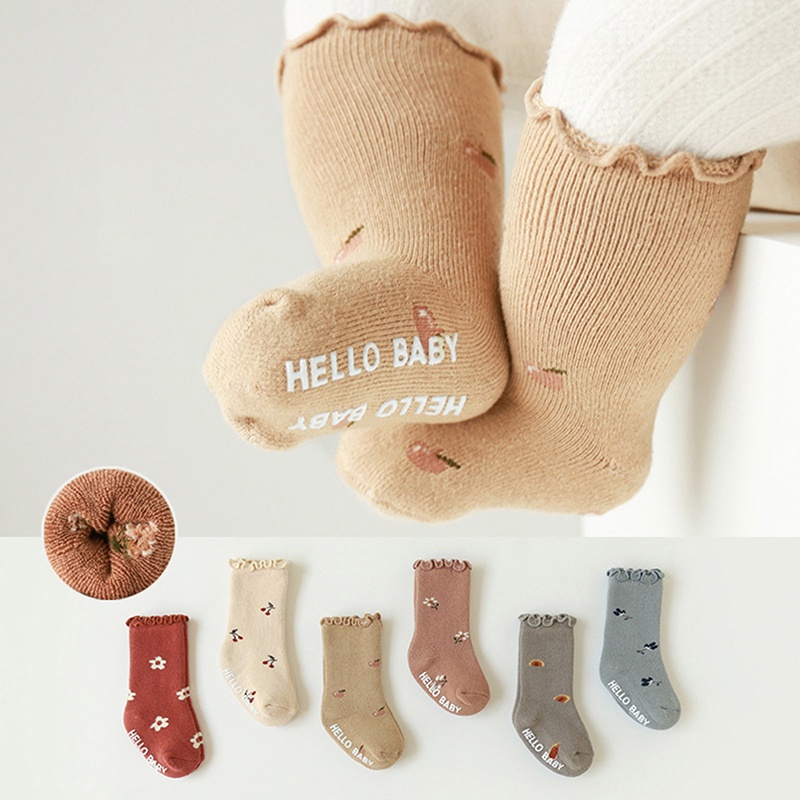 T1h ดอกไม้เย็บปักถักร้อยเชื้อราขอบถุงเท้าทารกแรกเกิดถุงเท้า Warm Anti ...