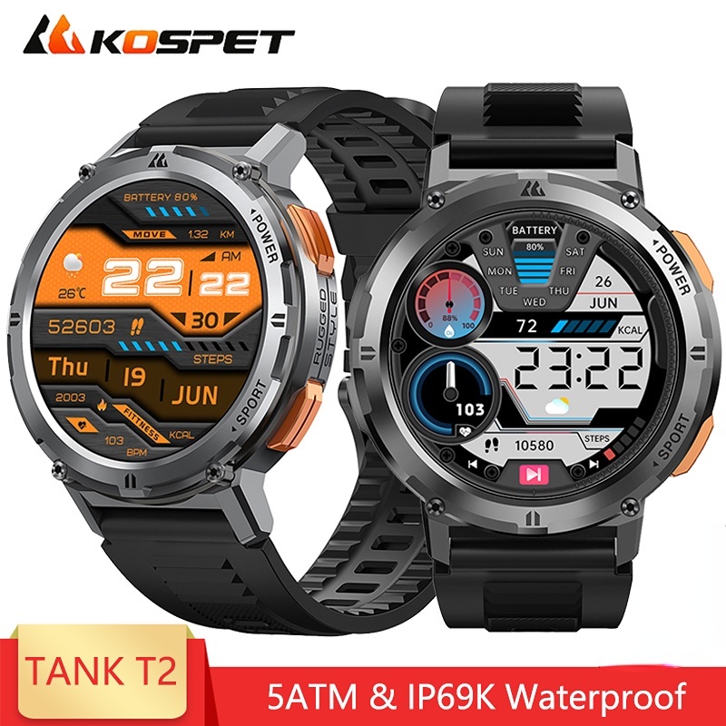 Kospet Tank T2 สมาร์ทวอท์ชผู้ชายทหารมาตรฐาน 5ATM IP69K กันน้ํา 70 โหมด ...