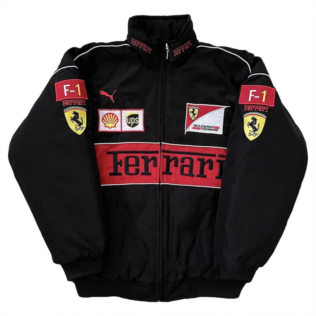 F1 เสื้อแจ็กเก็ตแขนยาว ผ้าฝ้าย ปักลาย Ferrari Team สีดํา แฟชั่นฤดูใบไม้ ...