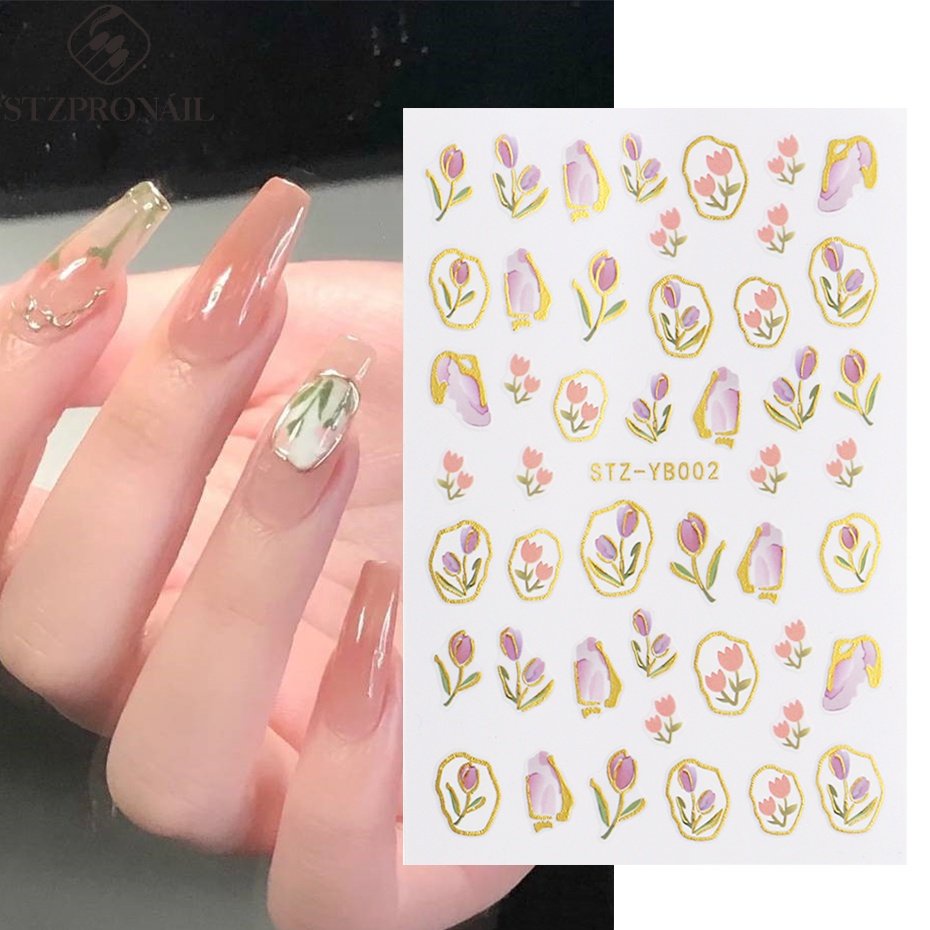 5d Tulips สีขาว Camellia สติ๊กเกอร์ติดเล็บนูนบรรเทา Orchid ดอกไม้ใบไม้ ...